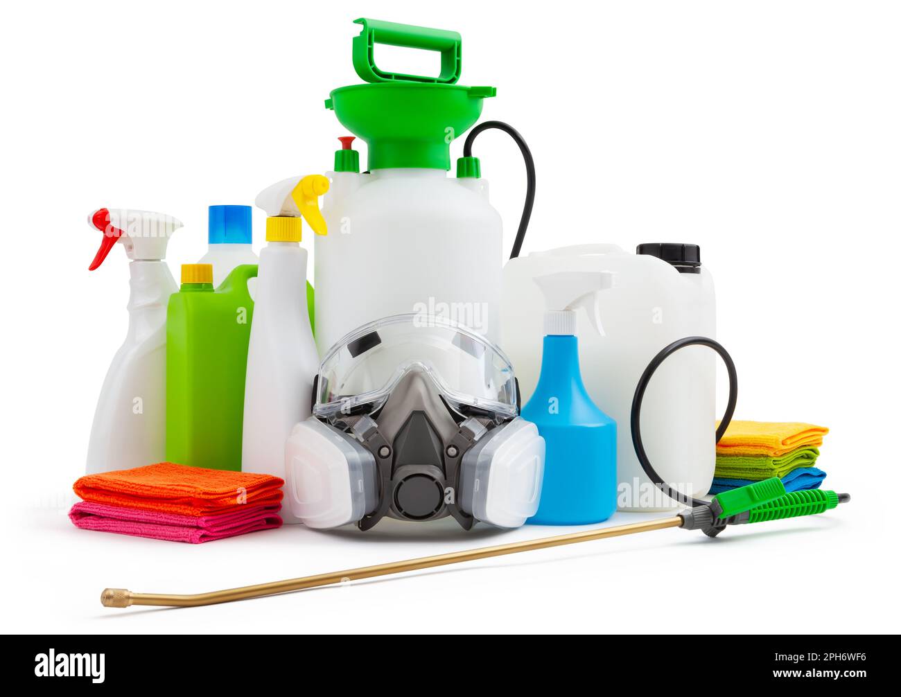 Cleaning and disinfection tools kit, isolated on white background ...