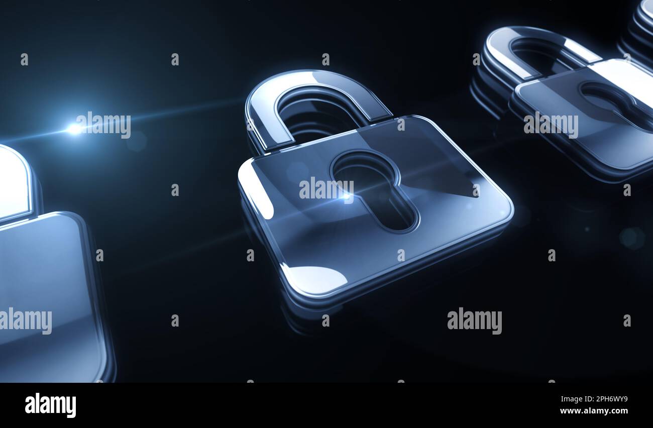 Cyber security and digital computer protection with padlock golden ...