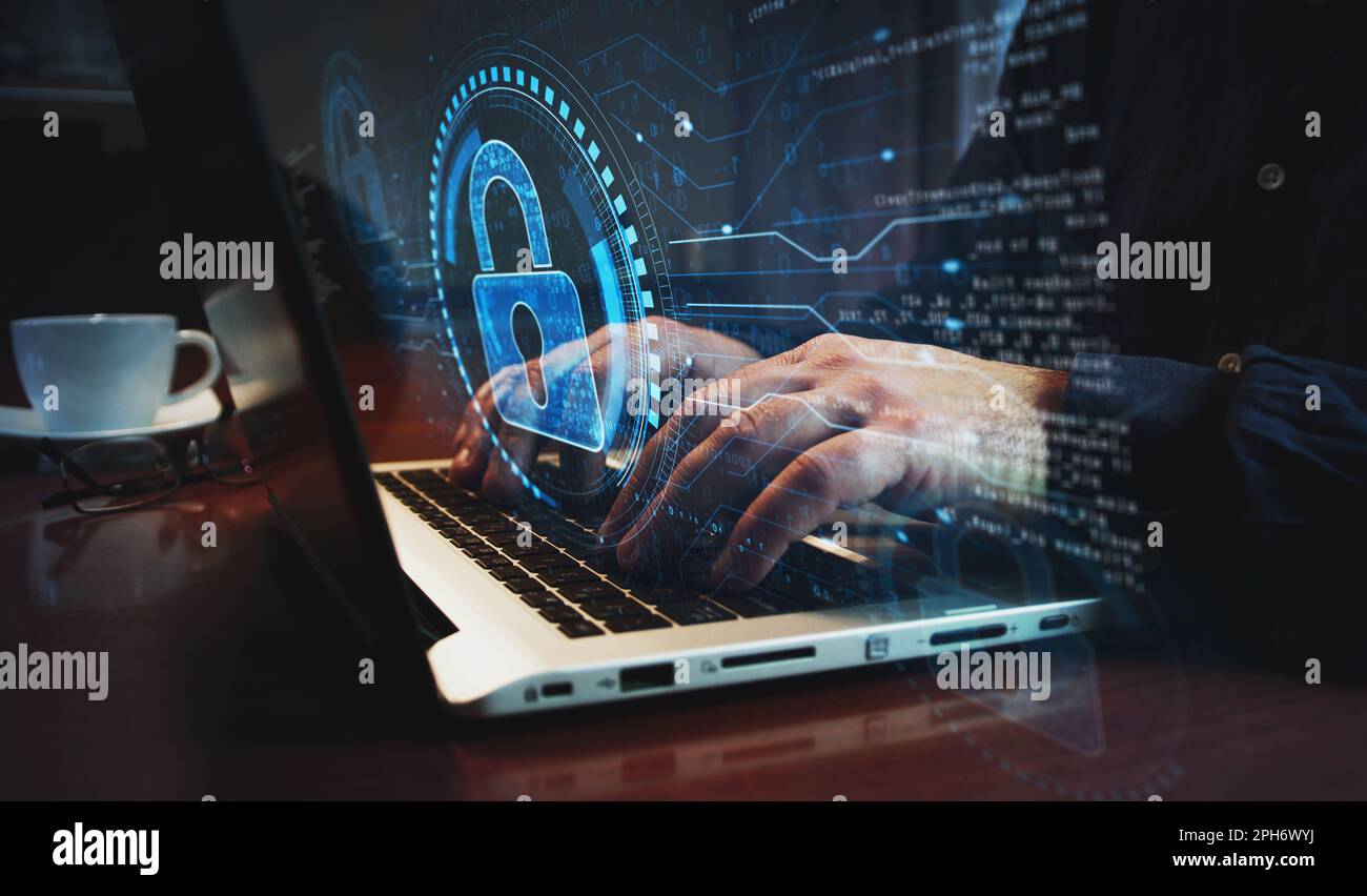Cyber security and digital computer protection with padlock symbol and ...