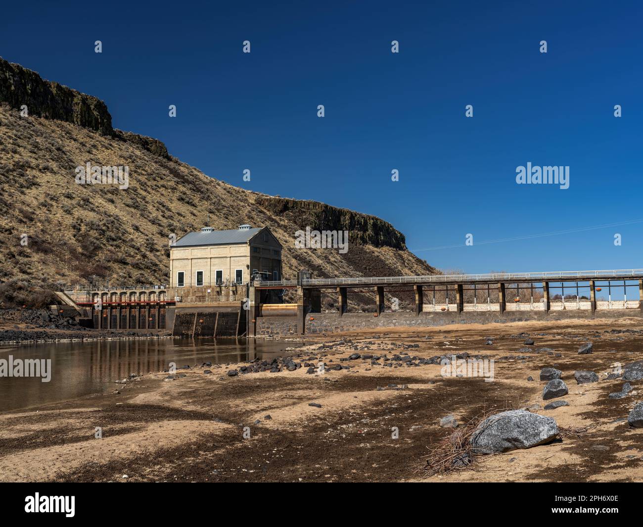 Diversion dam on the Boise River at low winter water flows Stock Photo ...