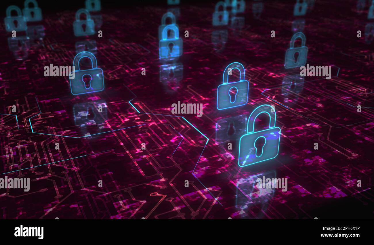 Cyber security and digital computer protection with padlock symbol ...