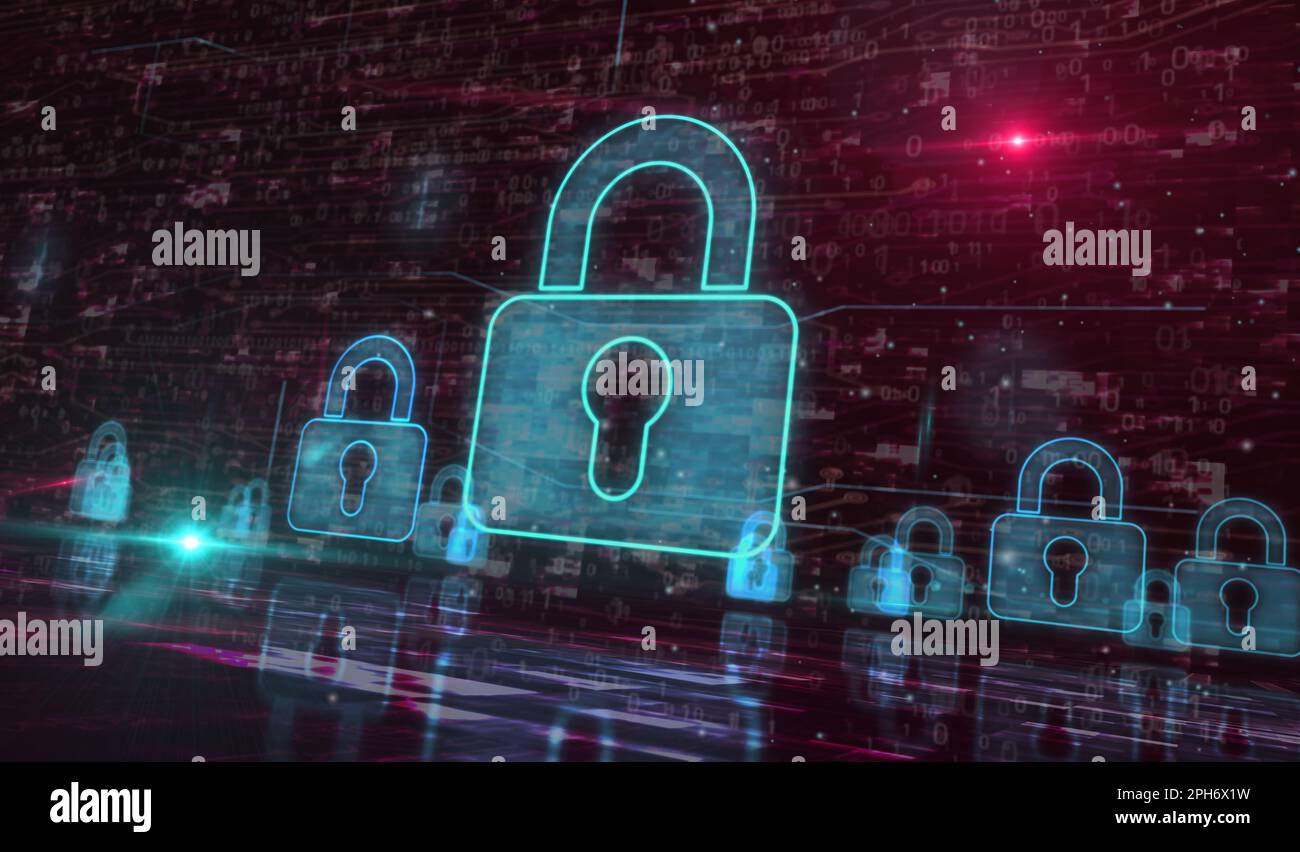 Cyber security and digital computer protection with padlock symbol ...