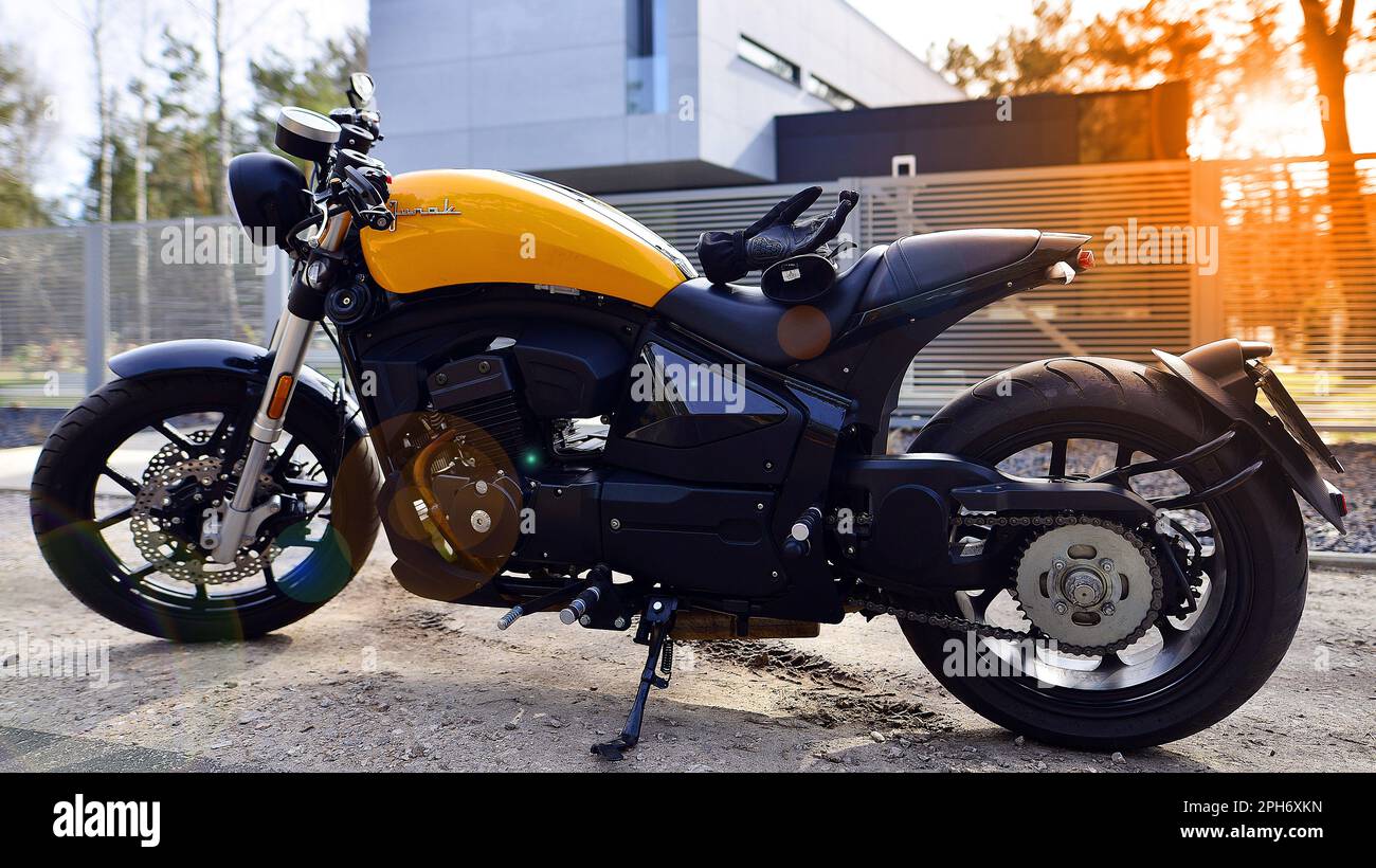 Warsaw, Poland. 18 March 2023. The Junak M15 motorcycle is a ...