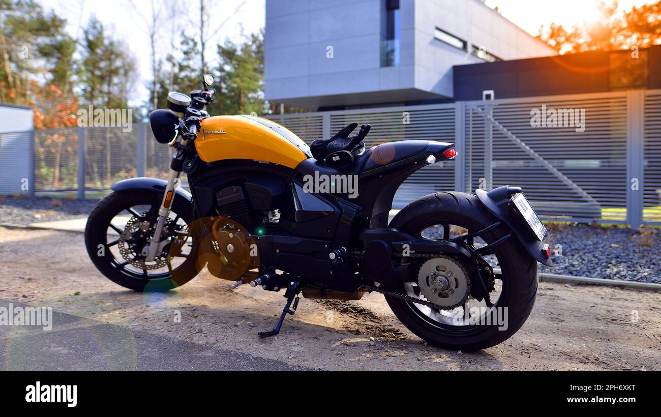 Warsaw, Poland. 18 March 2023. The Junak M15 motorcycle is a ...