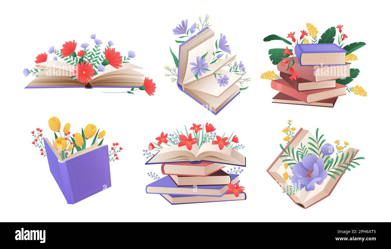 Books with spring and summer flowers set vector illustration. Cartoon ...