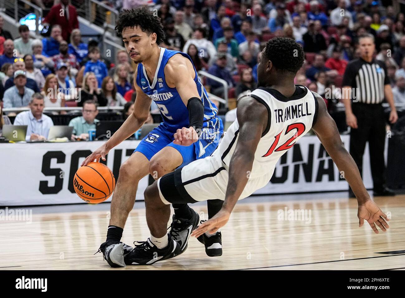 Creighton guard Ryan Nembhard (2) moves the ball against San Diego State guard Darrion Trammell ...