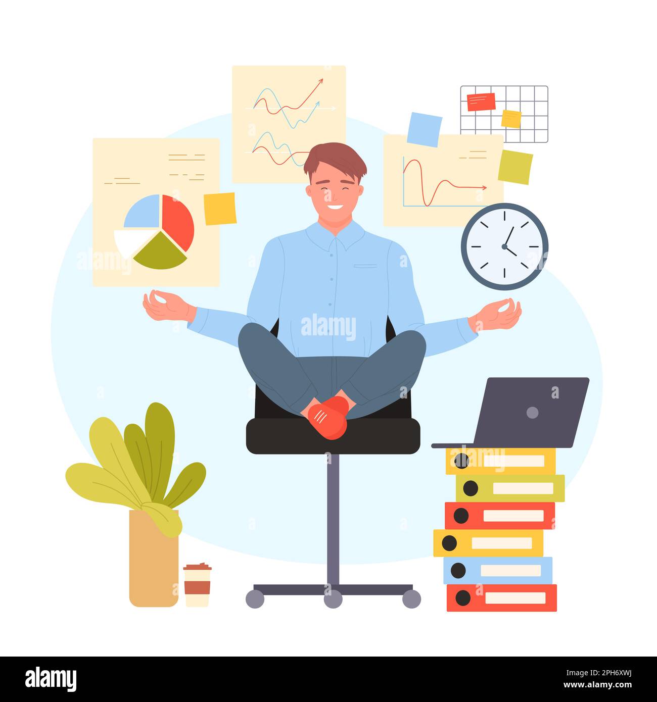 Wellbeing and calm meditating of employee in office vector illustration ...