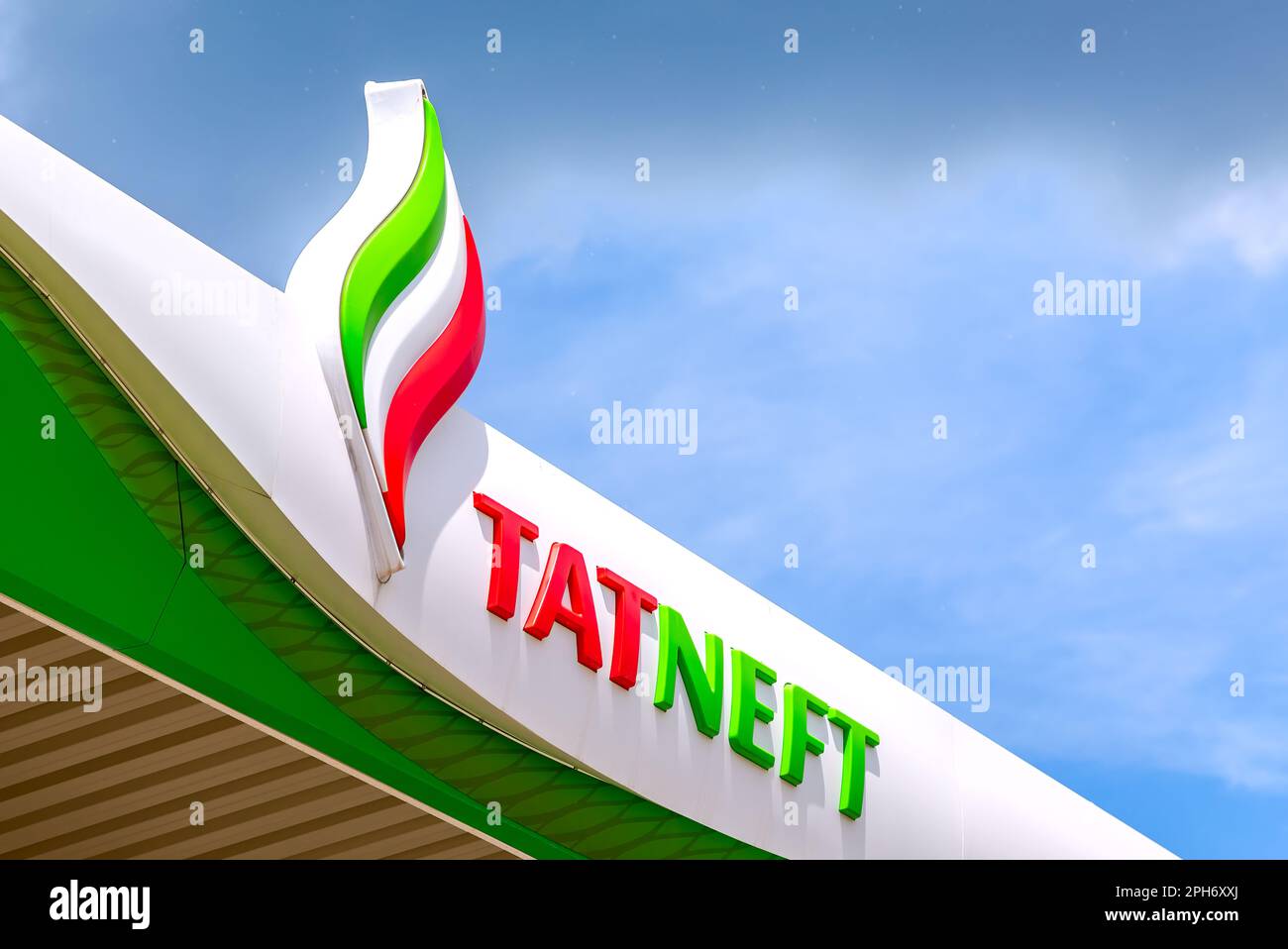 Samara, Russia - June 18, 2022: Signboard with logo of the Tatneft oil company on the gas ...