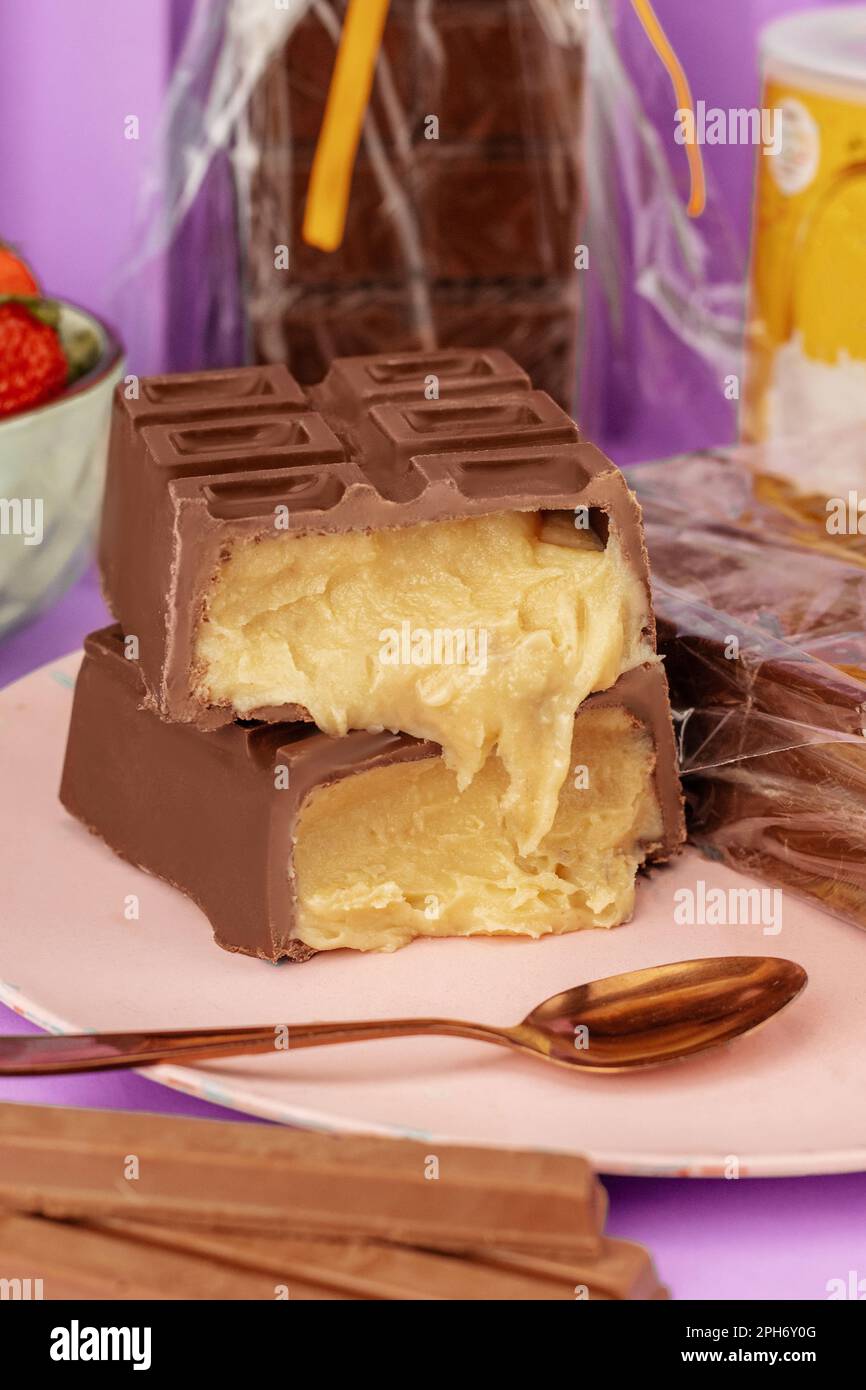 A high-resolution closeup of a decadent chocolate bar filled with ...