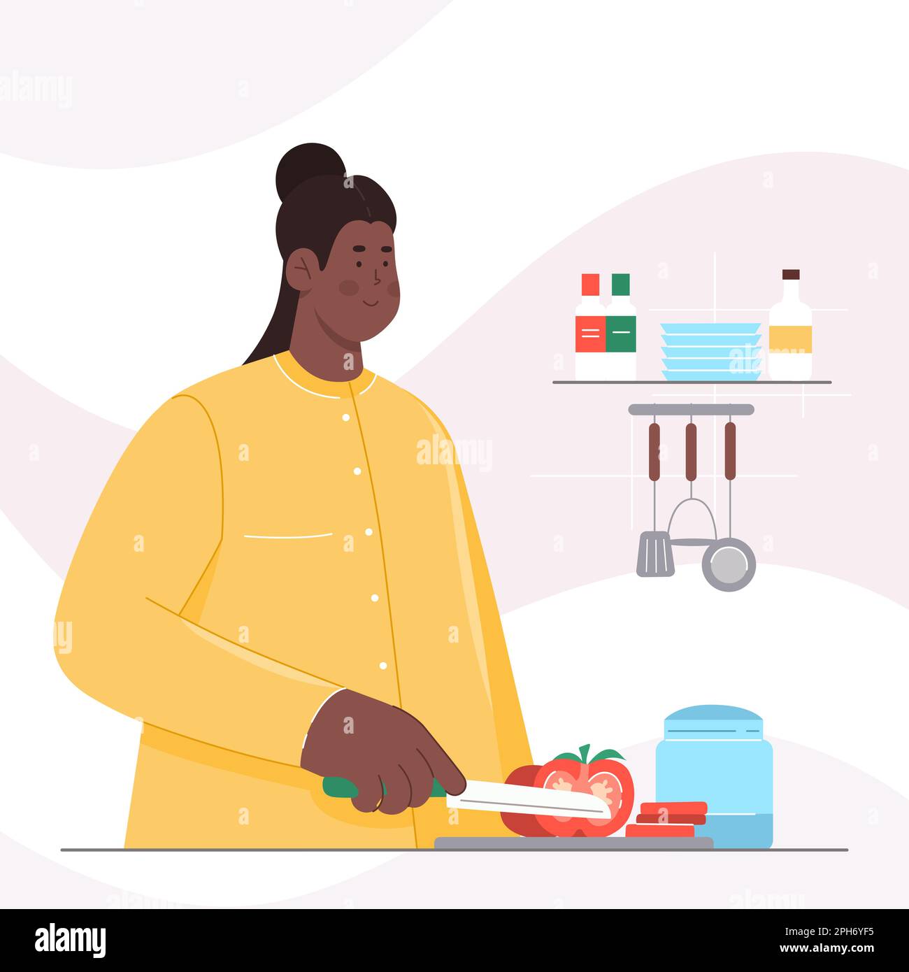 Chef chopping fresh tomato with knife on wooden board vector ...