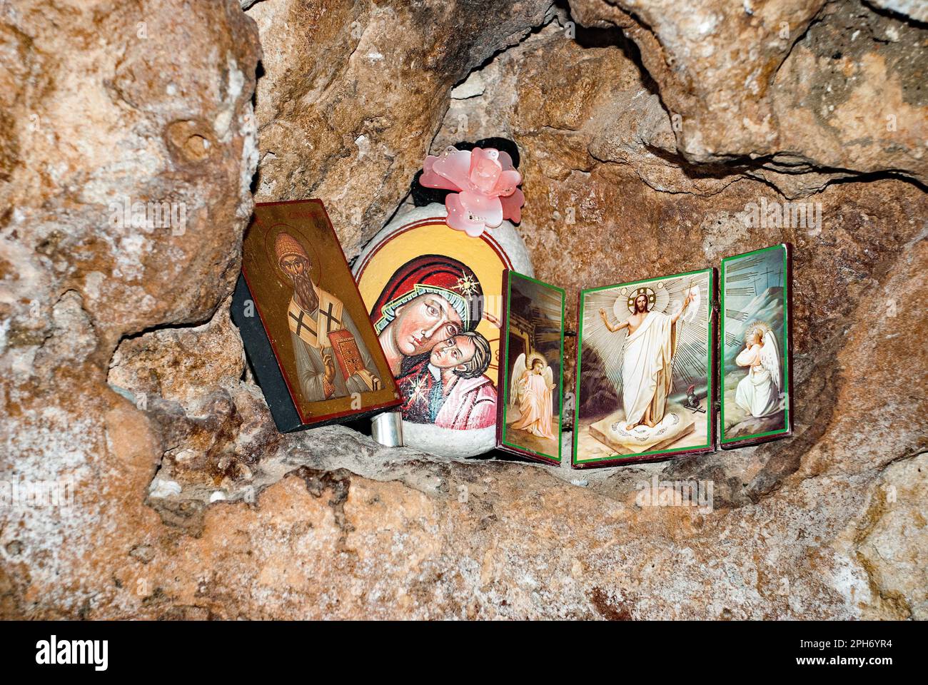 A natural shelf formed in a stone wall in a small church in Rethymnon ...