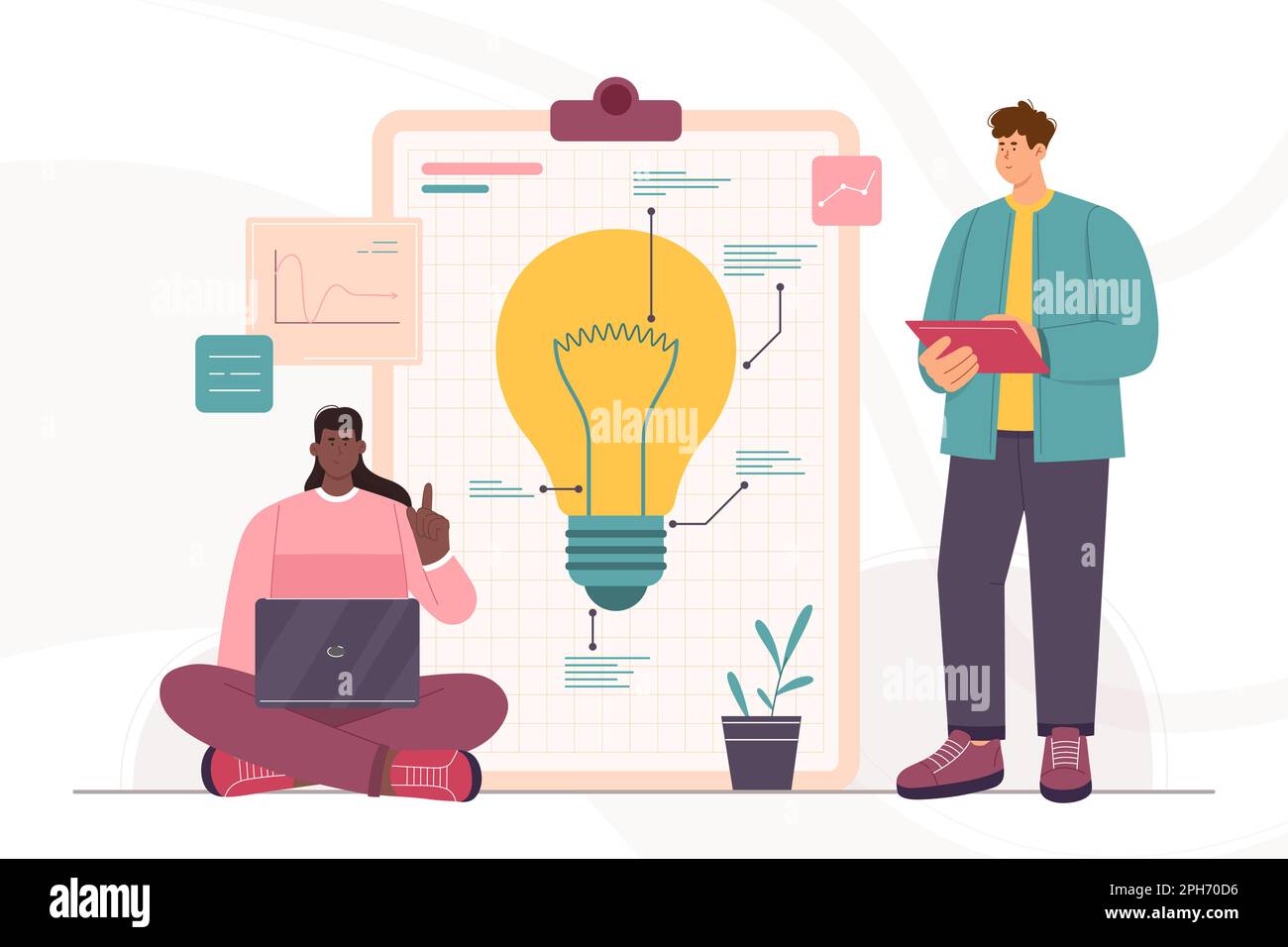 People work with light bulb diagram of innovation project vector ...