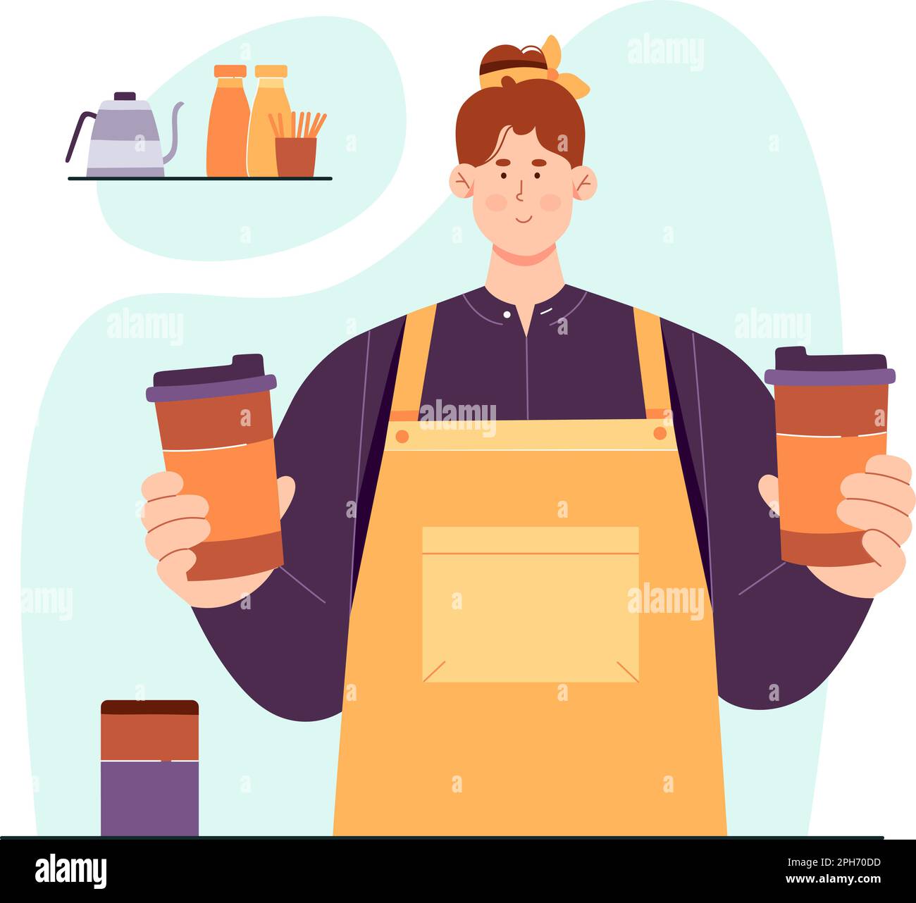 Barista with coffee cups vector illustration. Cartoon cheerful person ...