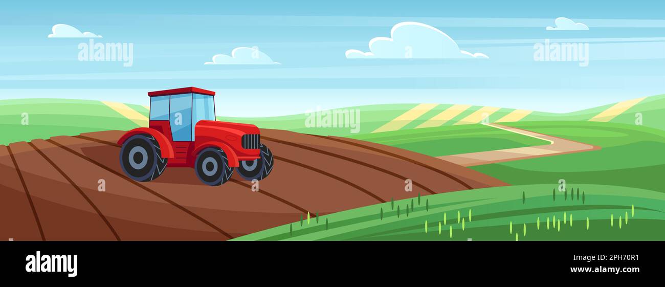 Cartoon agricultural machine working, farming in wheat yellow field on ...