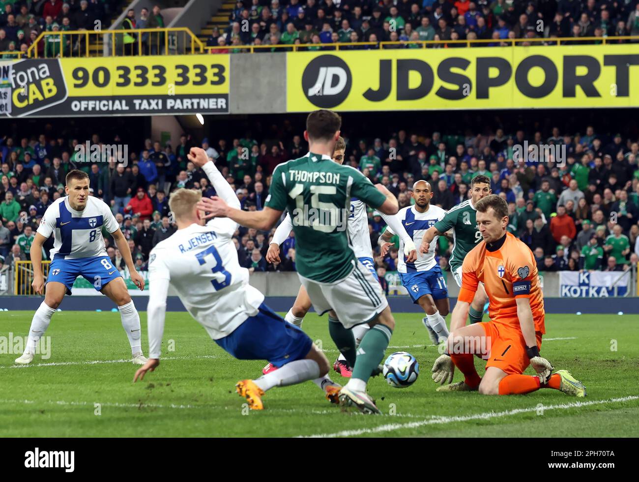 Northern Ireland's Jordan Thompson attempts a shot on goal during the ...