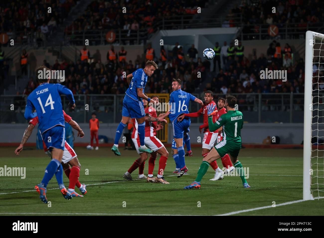 Attard, Malta, 26th March 2023. Mateo Retegui of Italy weds past Henry ...