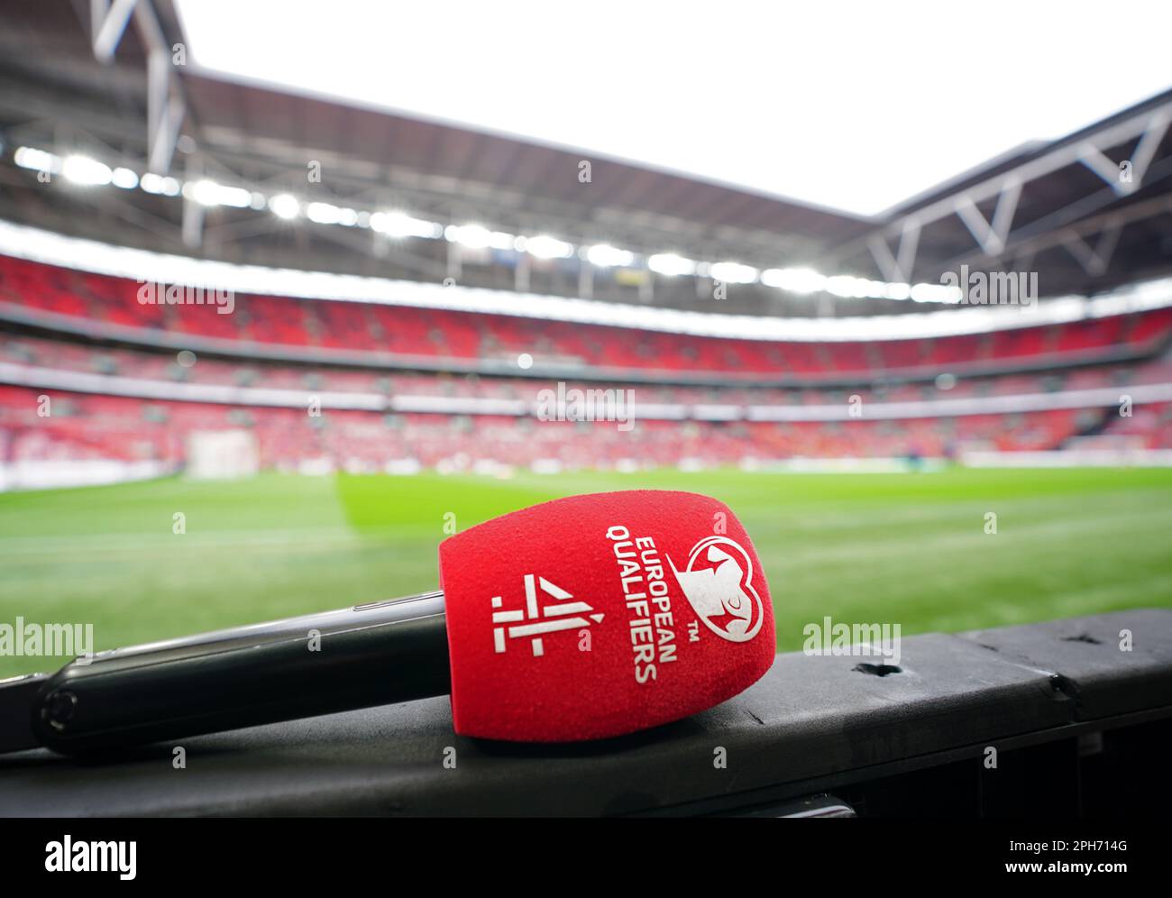 A Channel 4 Sport branded microphone on a hoarding ahead of the UEFA ...