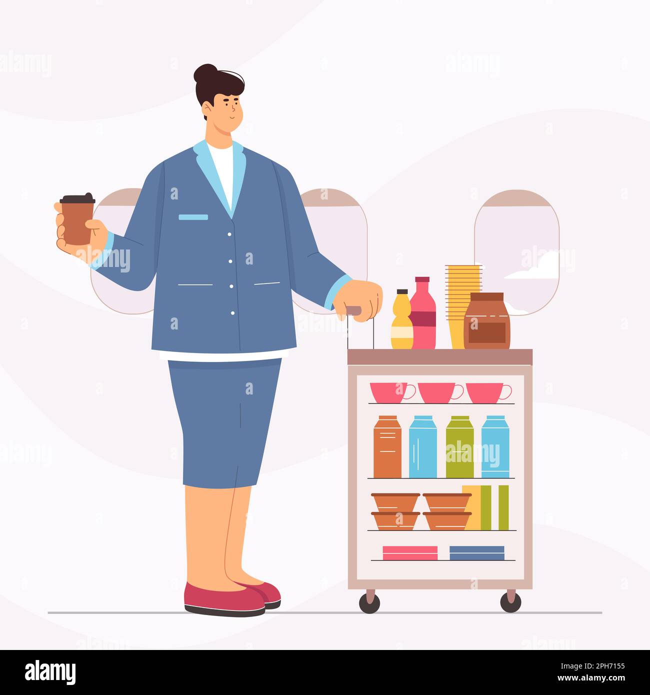 Flight attendant serving drinks to passengers of plane vector ...