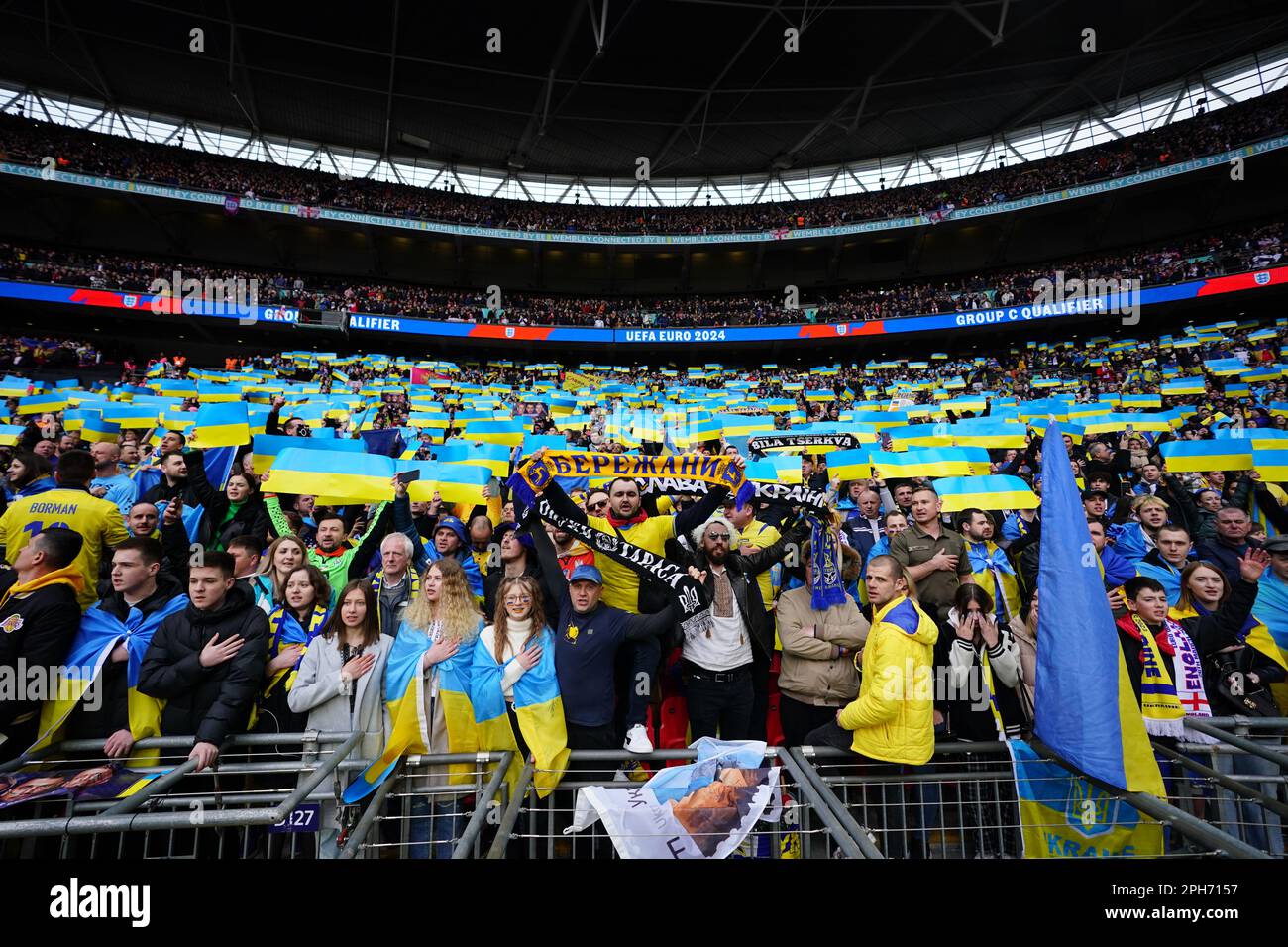 Ukraine fans in the stands ahead of the UEFA Euro 2024 Group C ...