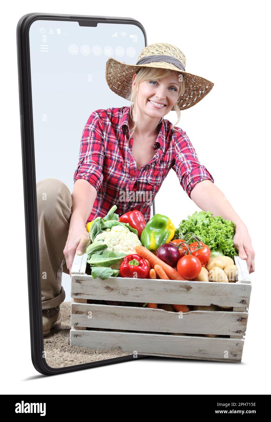 Sale of vegetables garden products online. Smiling woman emerges from ...
