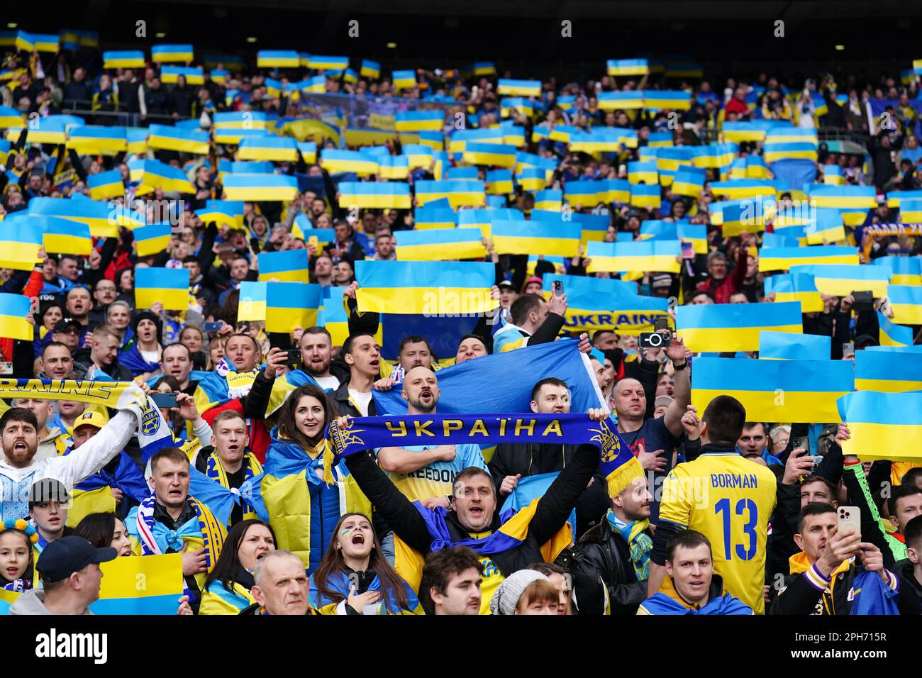 Ukraine fans in the stands show their support during the UEFA Euro 2024 ...