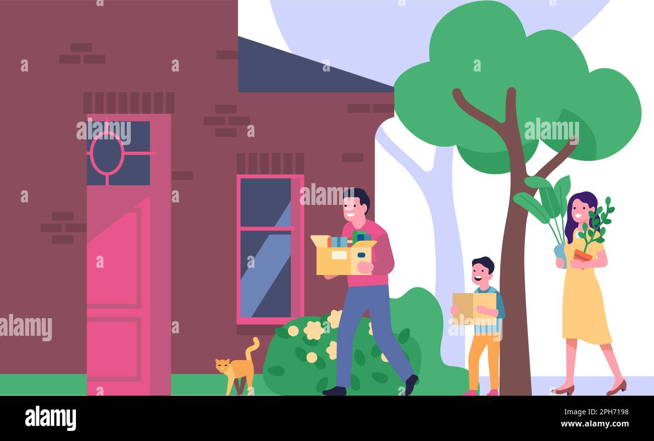 Family with various boxes moves into new big house. Parents and kid ...