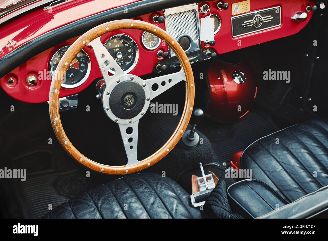 Interior of a vintage MG MGA 105 sports car, showing the dashboard and ...