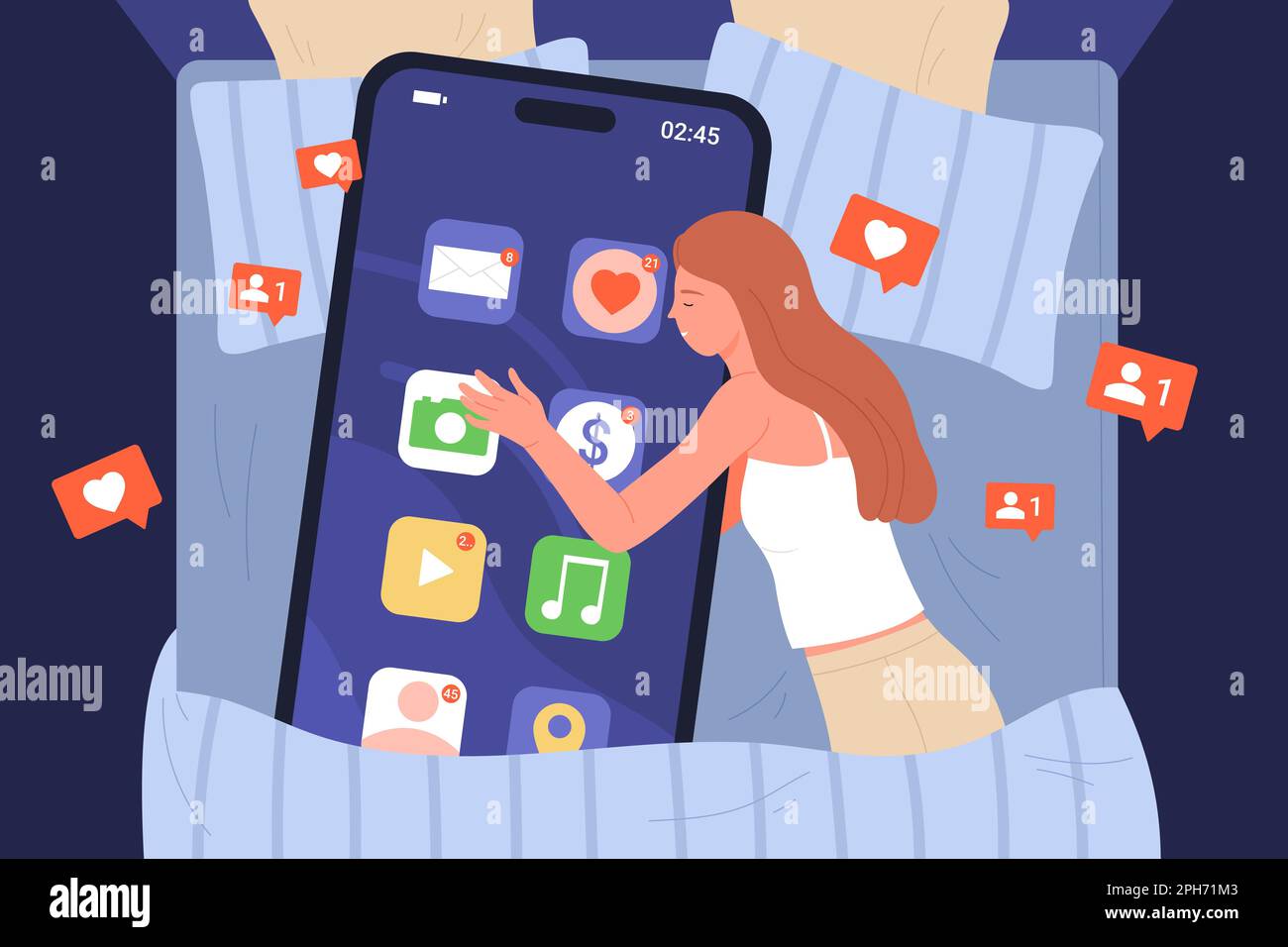 Happy sleep of girl in embrace with phone vector illustration. Cartoon ...