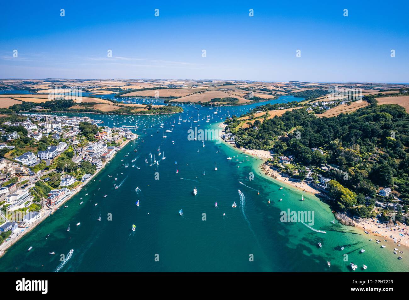 Aerial view of SALCOMBE and Kingsbridge Estuary from a drone, South ...