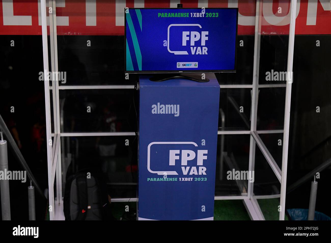 Curitiba, Brazil. 26th Mar, 2023. VAR booth during Athletico and ...