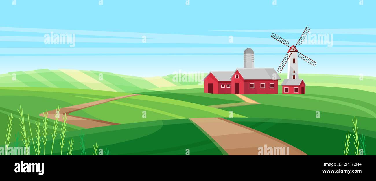 Cartoon red barn, silo tower and wind power generator, rural road to ...