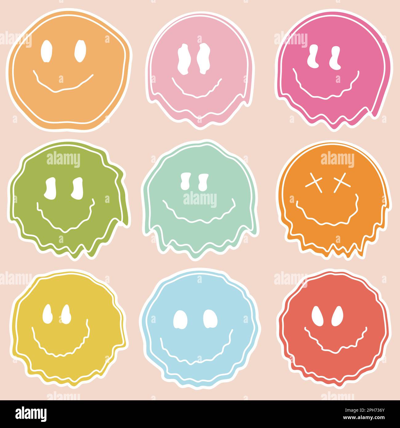 Big set of distorted melting colored smiley emoticons. Cartoon funny ...