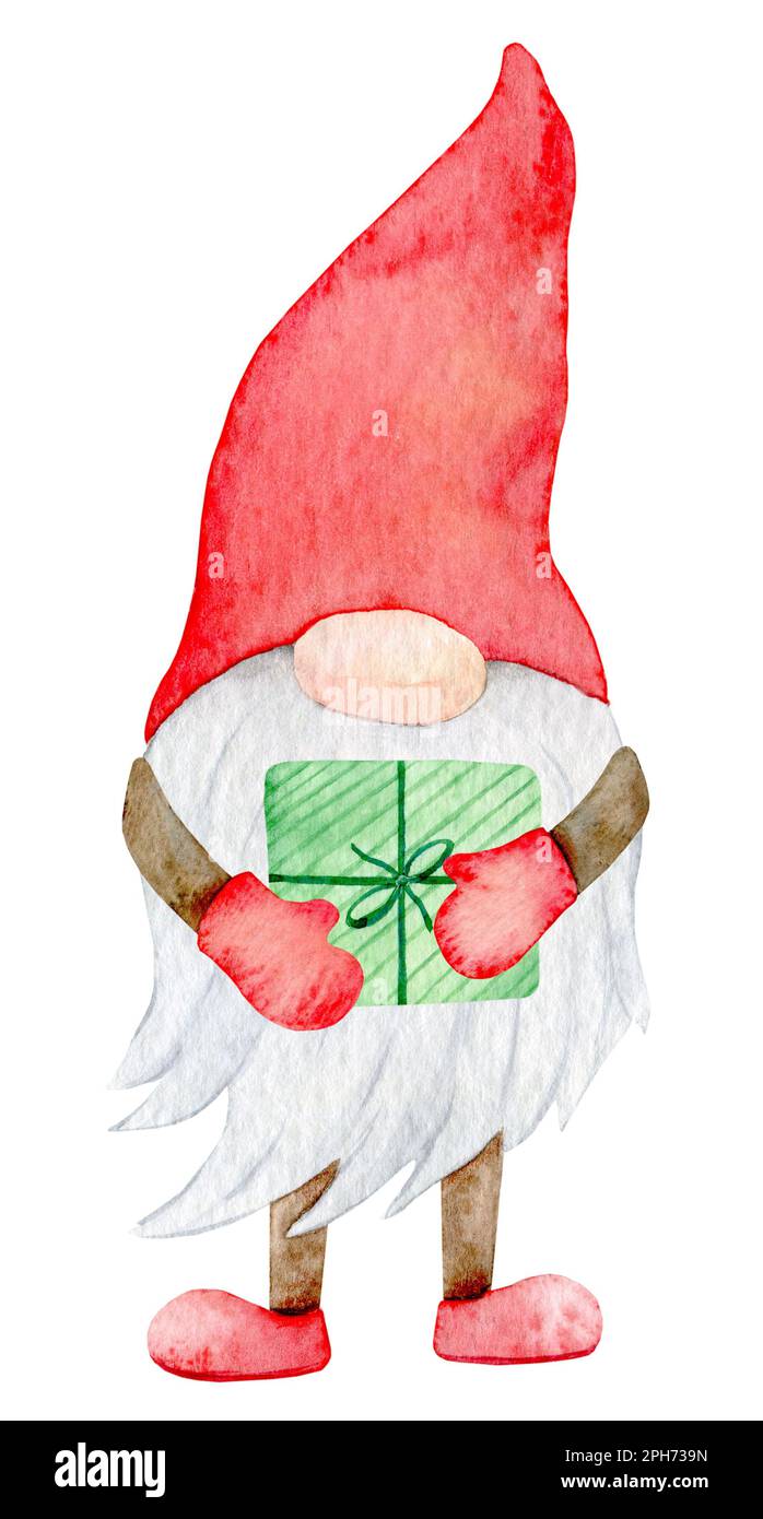 Adorable Christmas Gnome, scandinavian elf with giftbox, watercolor ...