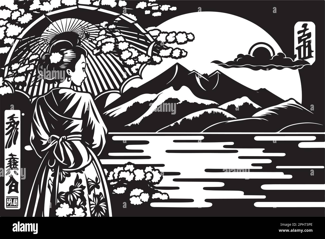 Beautiful linocut art or colouring page of Japan made for print digital ...