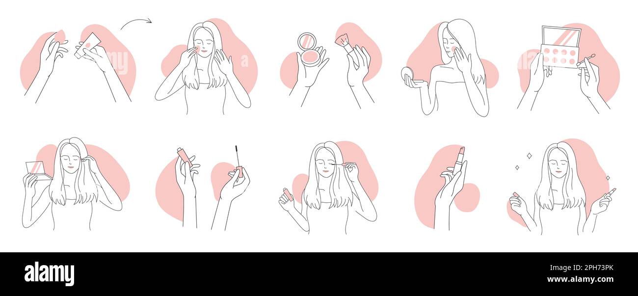 Makeup routine, outline infographic steps set vector illustration ...