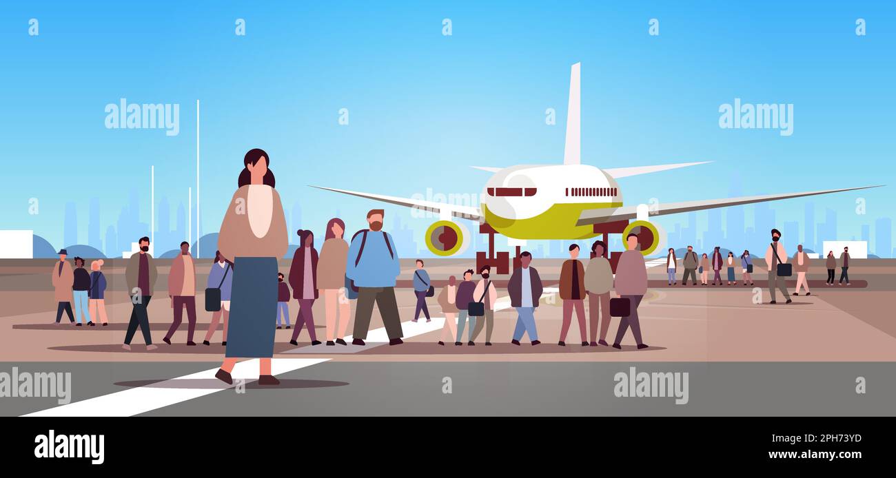 multiethnic people group standing near airplane mix race men women ...