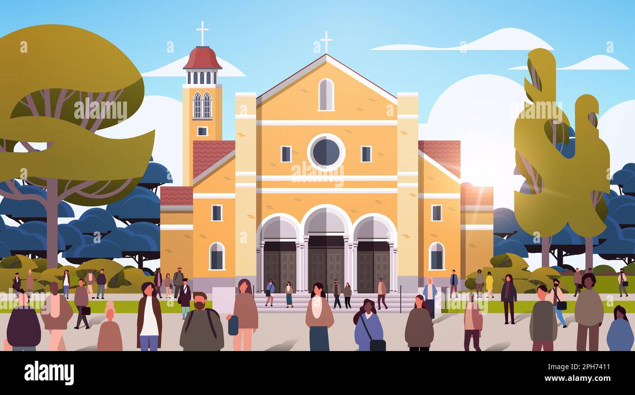 multiethnic people group standing near church building mix race men ...