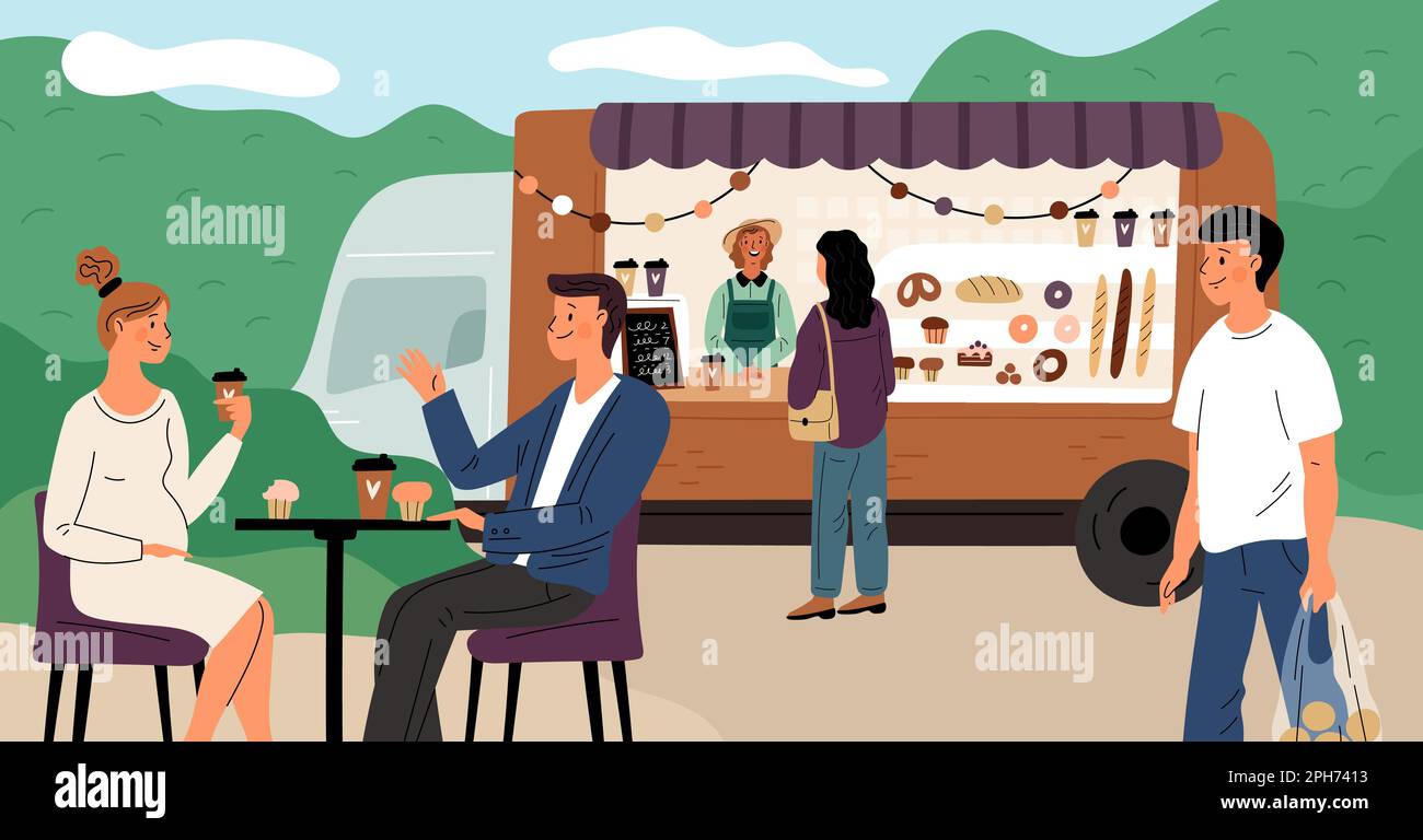 Bakery shop. Happy people tasting fresh pastries. Open cafe. Small food ...