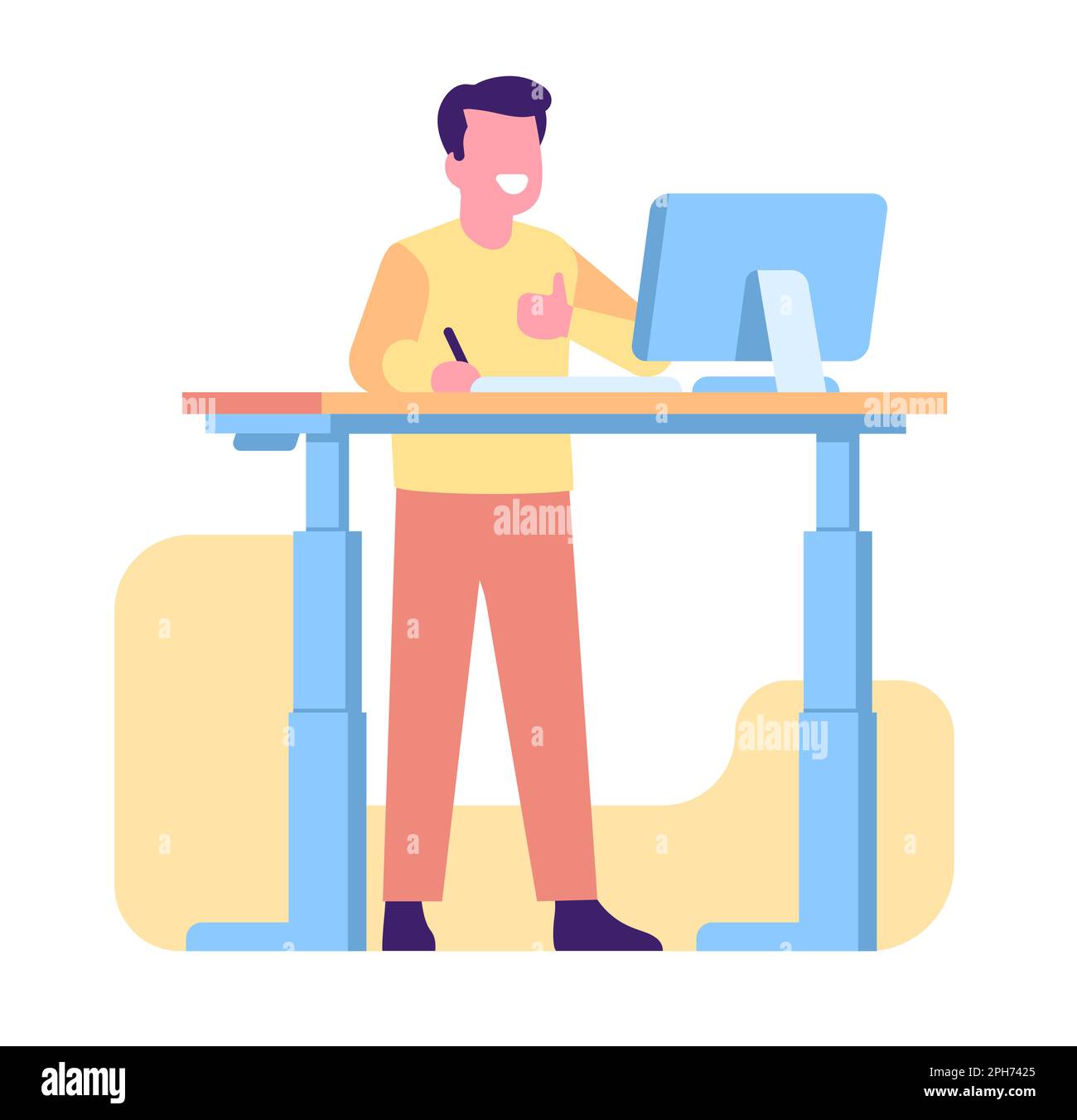 Man works comfortably at his computer while standing at desk. Happy ...