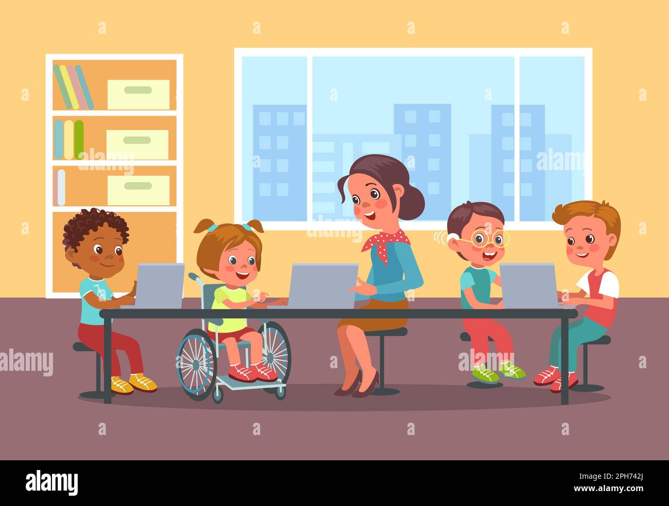 Disability kids school. Teacher at computer lesson with children. Girl ...