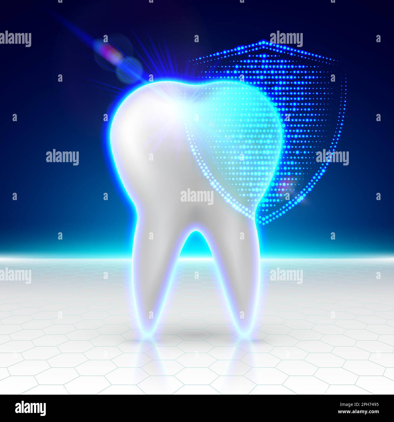 White tooth protected by glowing digital shield. Anti-caries protection ...