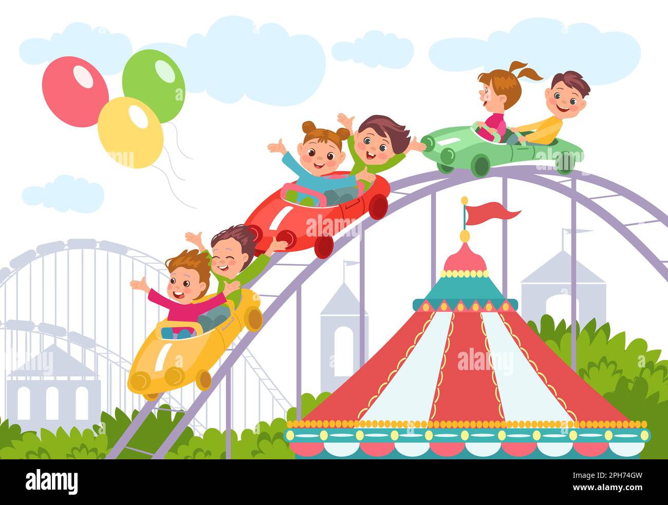 Cute children on Russian roller coaster. Smiling boys and boys ride in ...