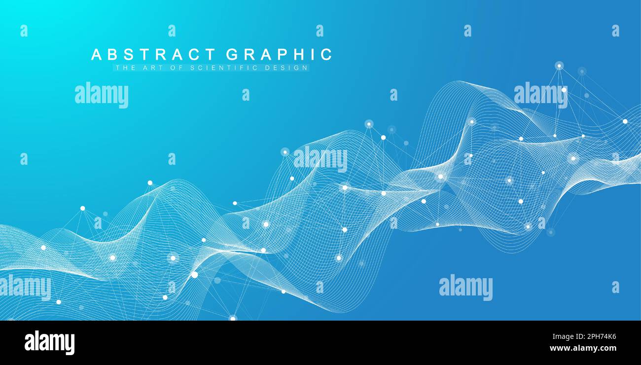 Digits abstract background with connected line and dots, wave flow. Digital neural networks ...