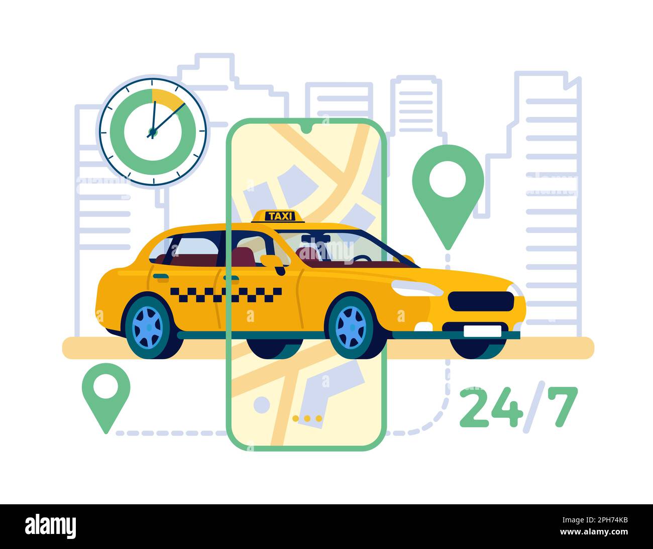 Online taxi calling service on mobile app. Yellow vehicle and location ...