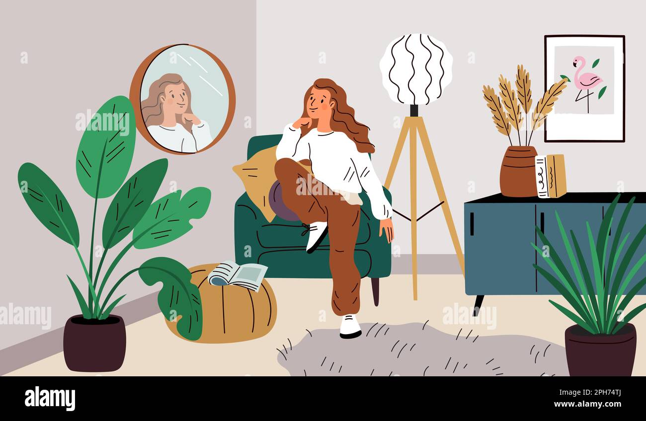 People looking at round mirror. Beautiful girl examines reflection ...