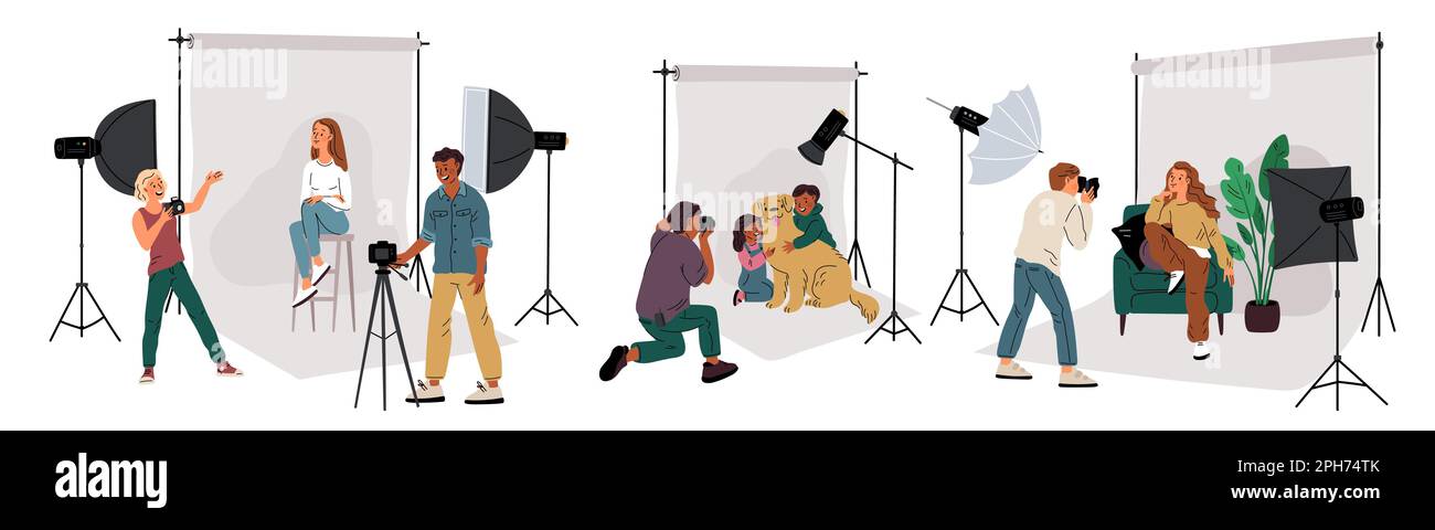 Photo studio. People work with professional photographers. Children or ...