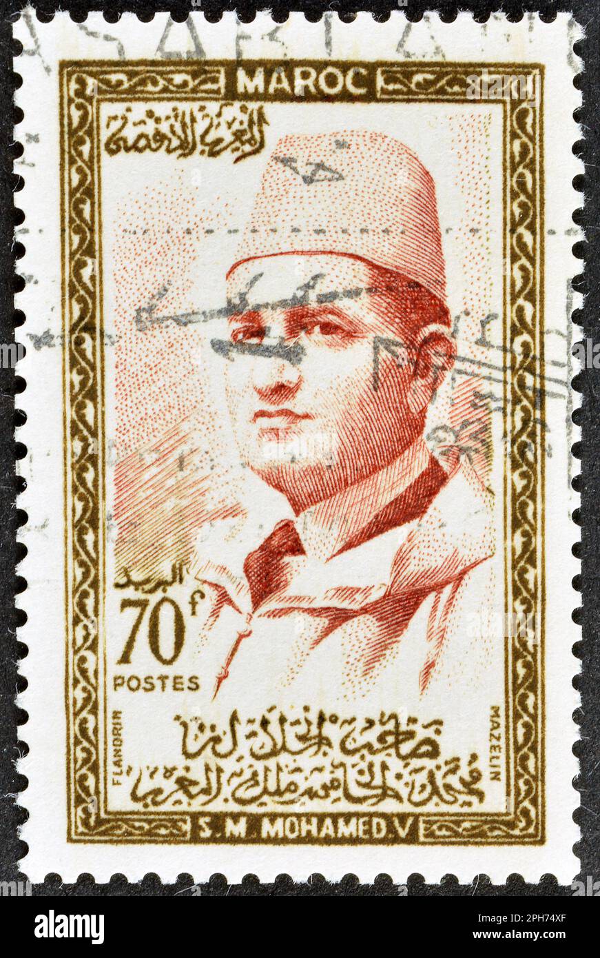 Cancelled postage stamp printed by Morocco, that shows portrait of King ...