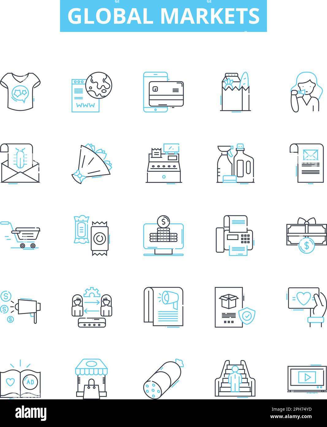 Global markets vector line icons set. Markets, Global, Trade, Exchange, Stock, Currency ...
