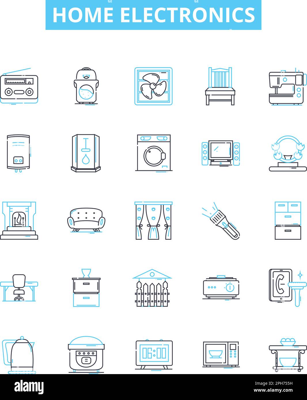 Home electronics vector line icons set. Fridge, TV, Stove, Washer ...