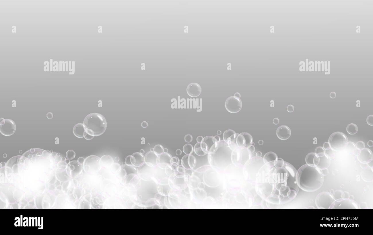 Realistic soap foam and bubbles. Transparent shampoo, liquid foams ...